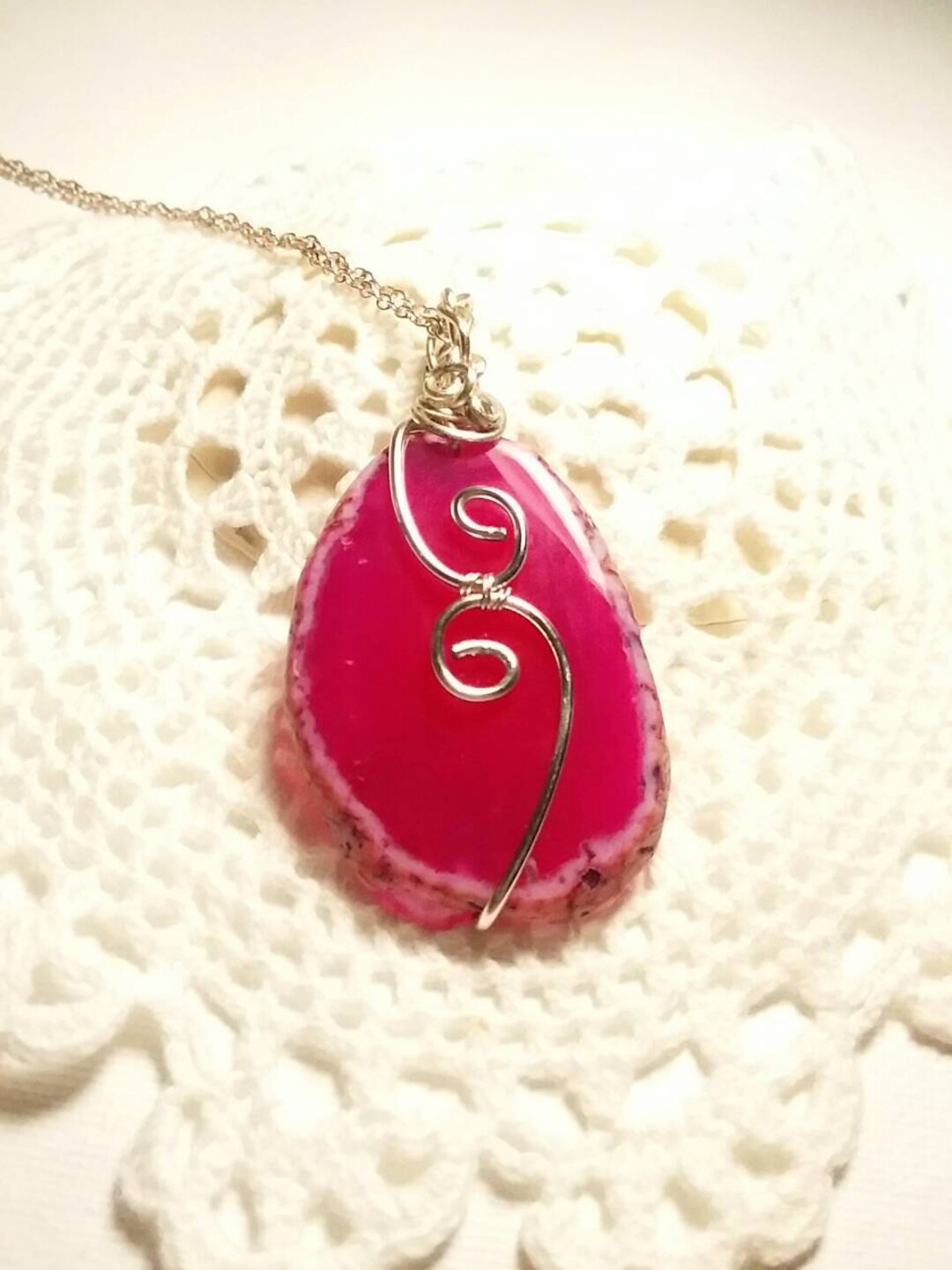 Fuschia Pink Agate Silver Wire Wrapped Geode Stone Pendant, Handmade ...