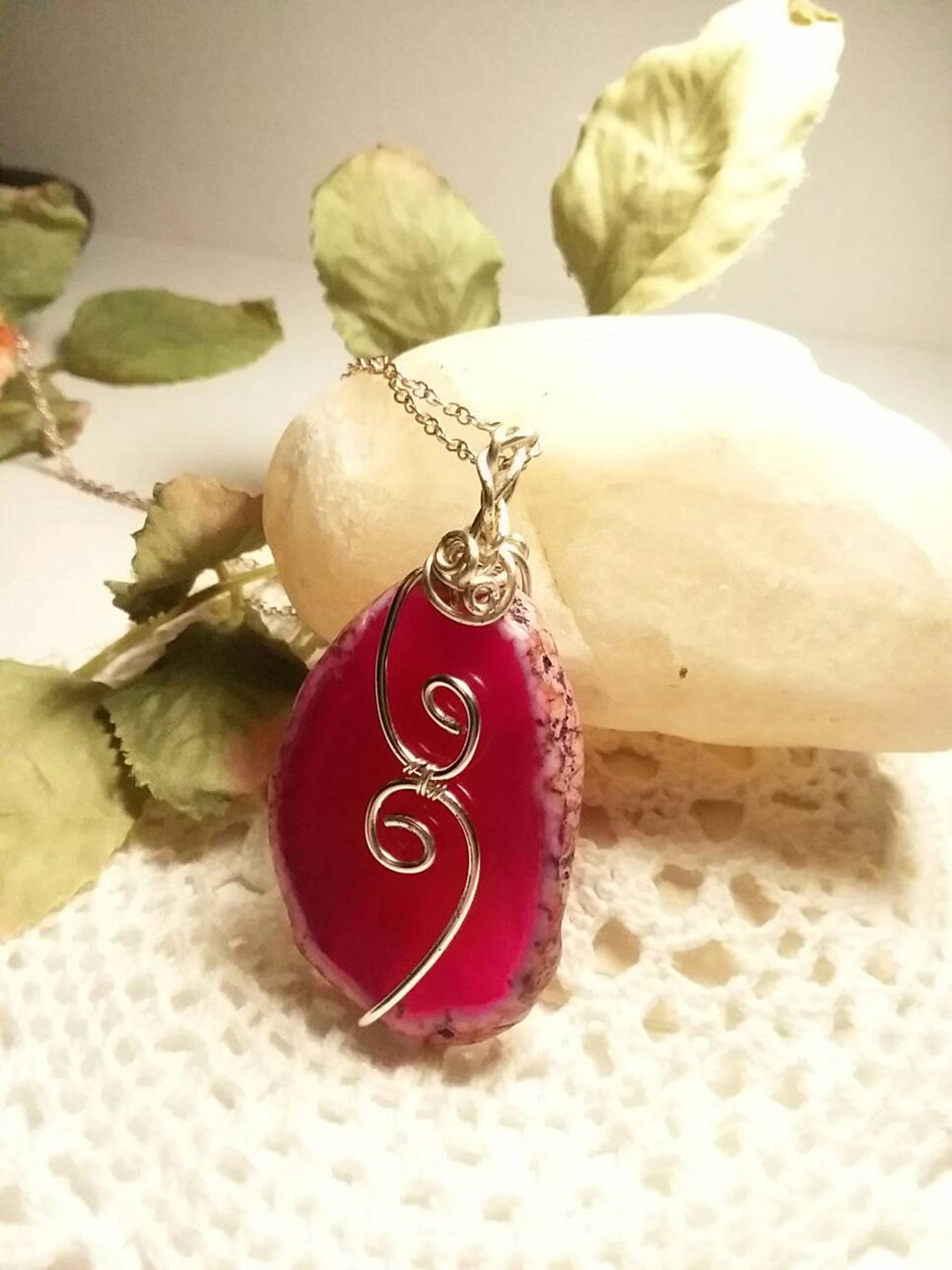 Fuschia Pink Agate Silver Wire Wrapped Geode Stone Pendant - Etsy