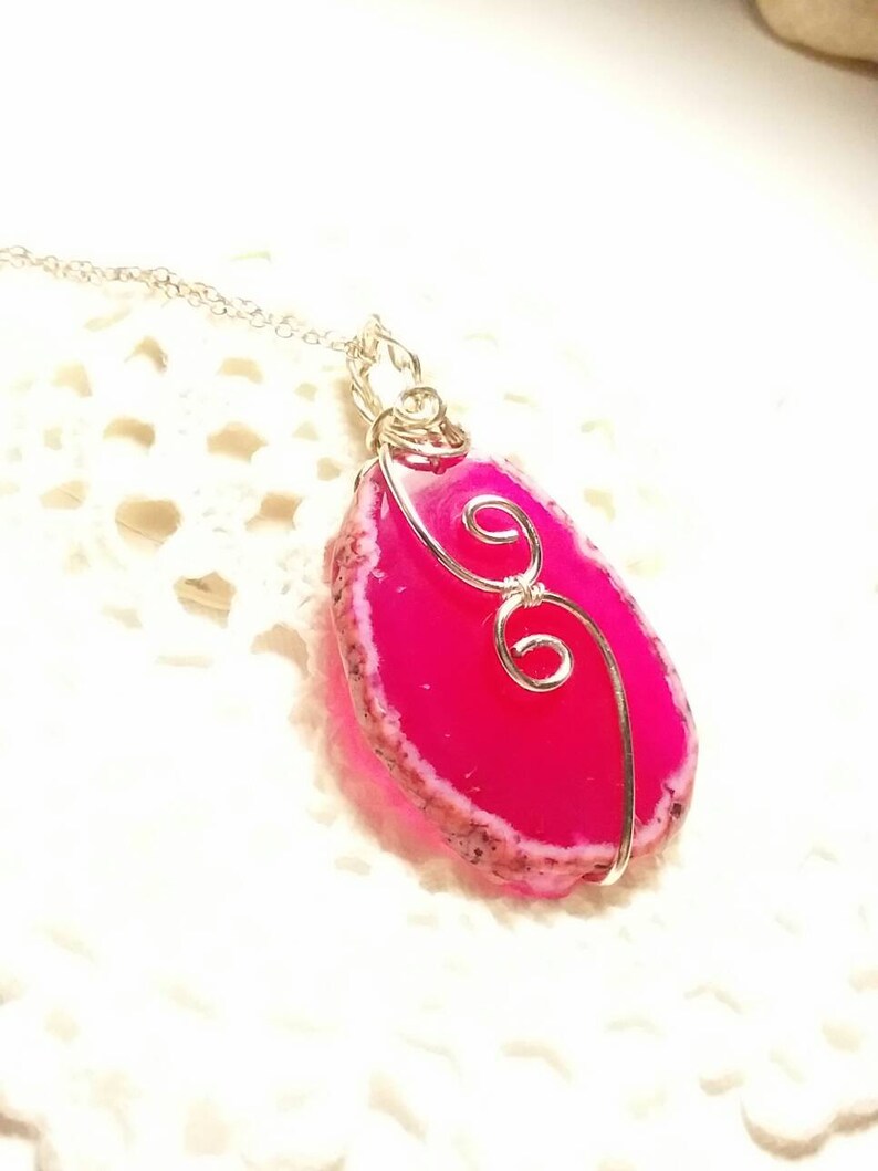 Fuschia Pink Agate Silver Wire Wrapped Geode Stone Pendant - Etsy