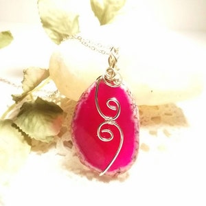 Fuschia Pink Agate Silver Wire Wrapped Geode Stone Pendant, Handmade ...