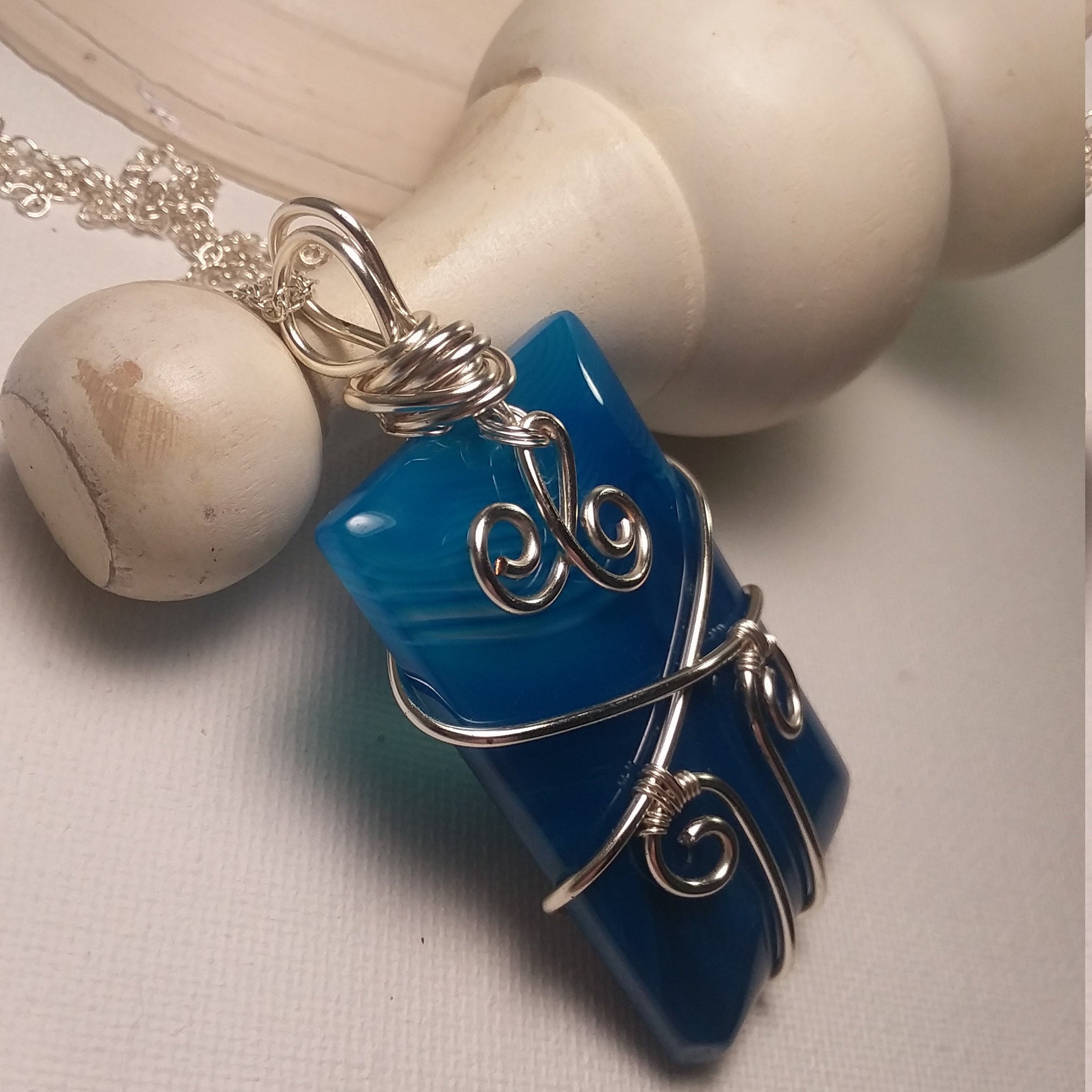 Blue Rectangle Silver Wire Wrapped Agate Stone Pendant - Etsy