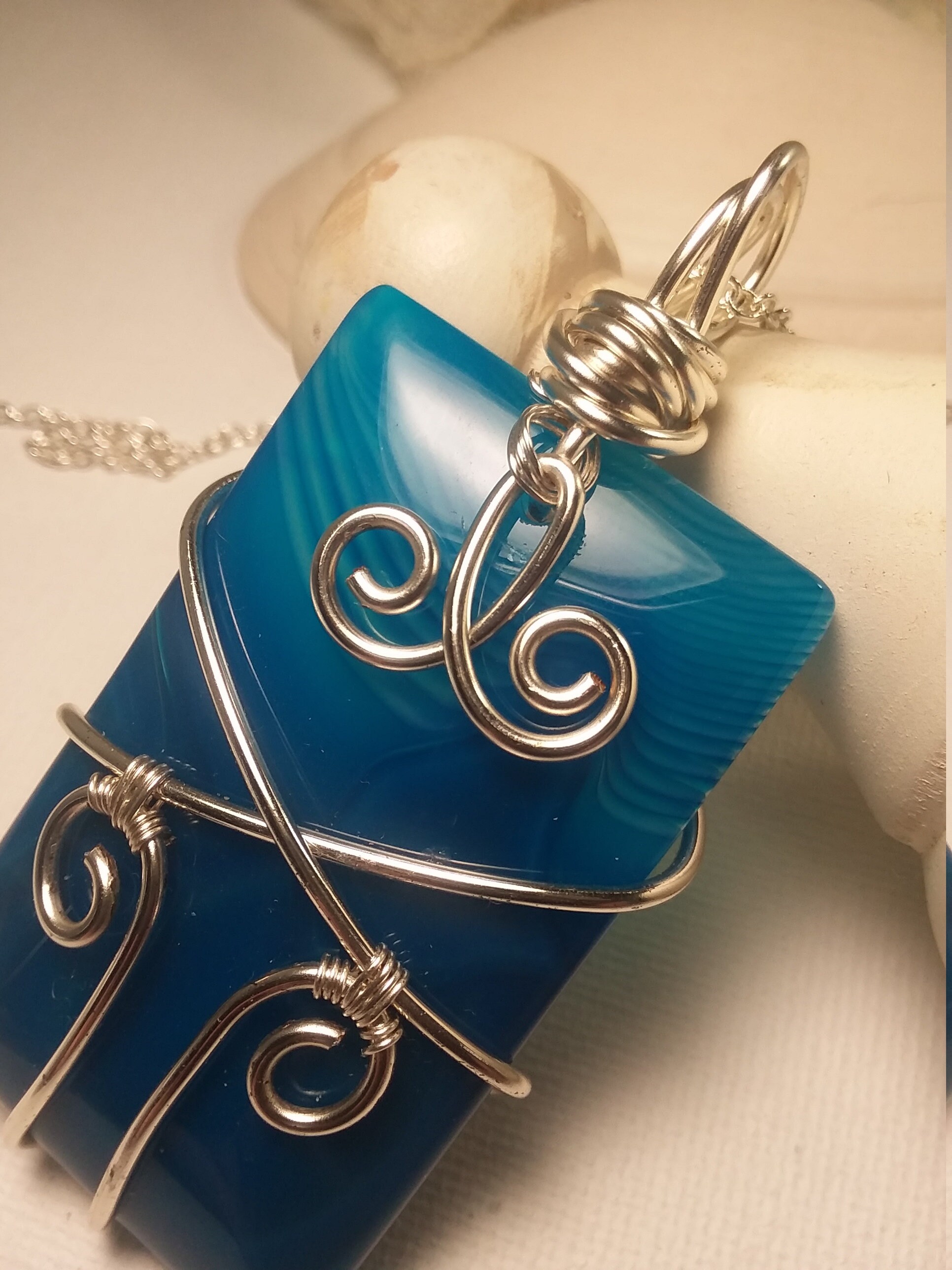 Blue Rectangle Silver Wire Wrapped Agate Stone Pendant - Etsy
