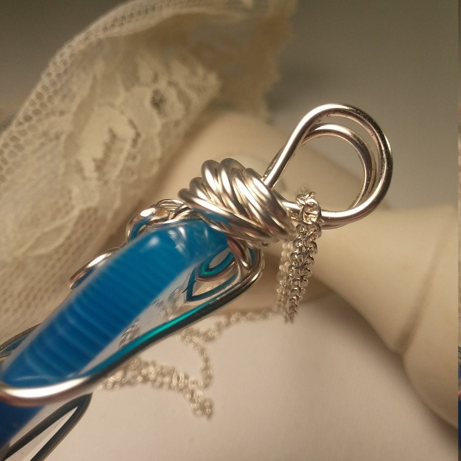 Blue Rectangle Silver Wire Wrapped Agate Stone Pendant - Etsy