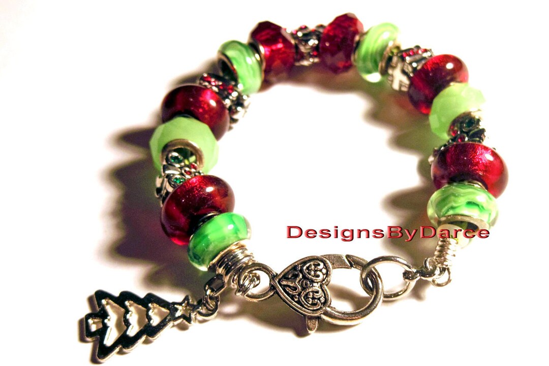 European Christmas Tree Bracelet Charm Beads Red Rhinestones Green ...