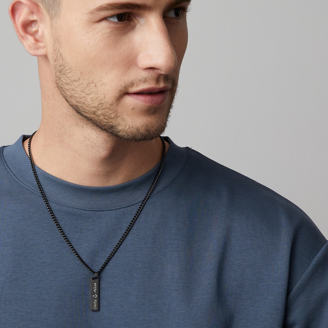 Personalized Men's Necklace - Stainless Steel - Bar Pendant - Curb ...
