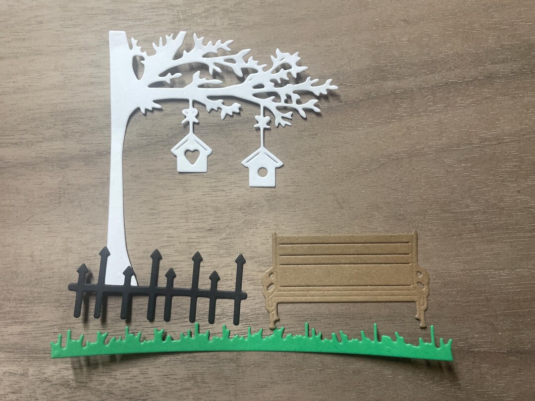 2 Sets of Bench, Fence, Birdhouse in Tree & Grass for Card Overlays ...