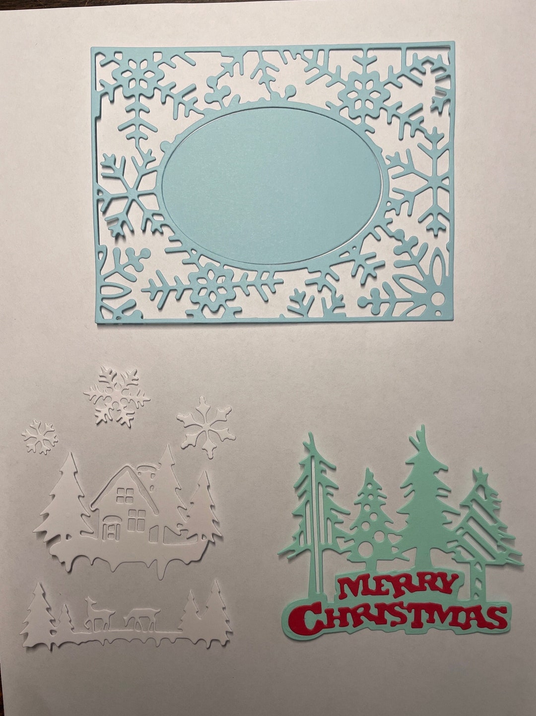 3 Christmas Card Overlays - Snowflake Frame, Trees and Cabin - Die Cuts ...