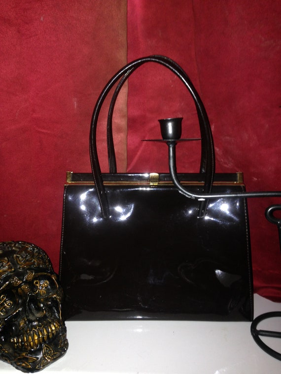 Vtg 50's PIN-UP GOTH Retro brown patent leather handb… - Gem