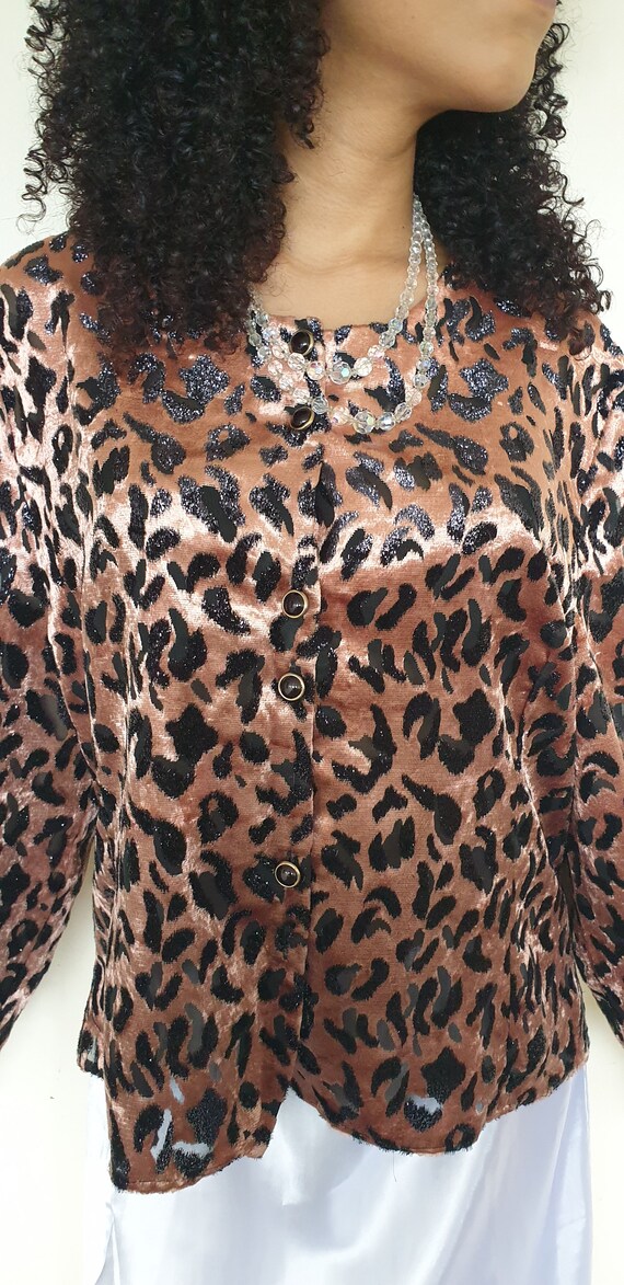 Vtg 80's RETRO black bronze Metallic DEVORE blouse L - Gem