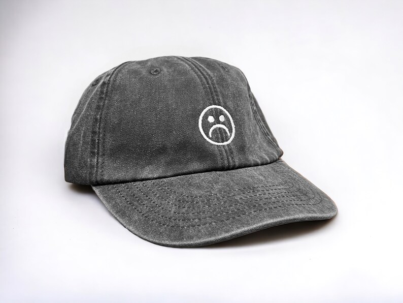 Sad Face Embroidered Cap || Vintage Style Washed Low Profile Dad Cap 6 ...