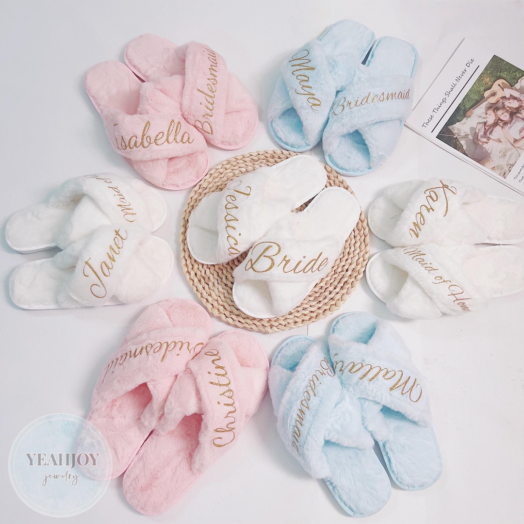 Custom Fluffy Cross Slippers, Bridal Party Gift - Etsy