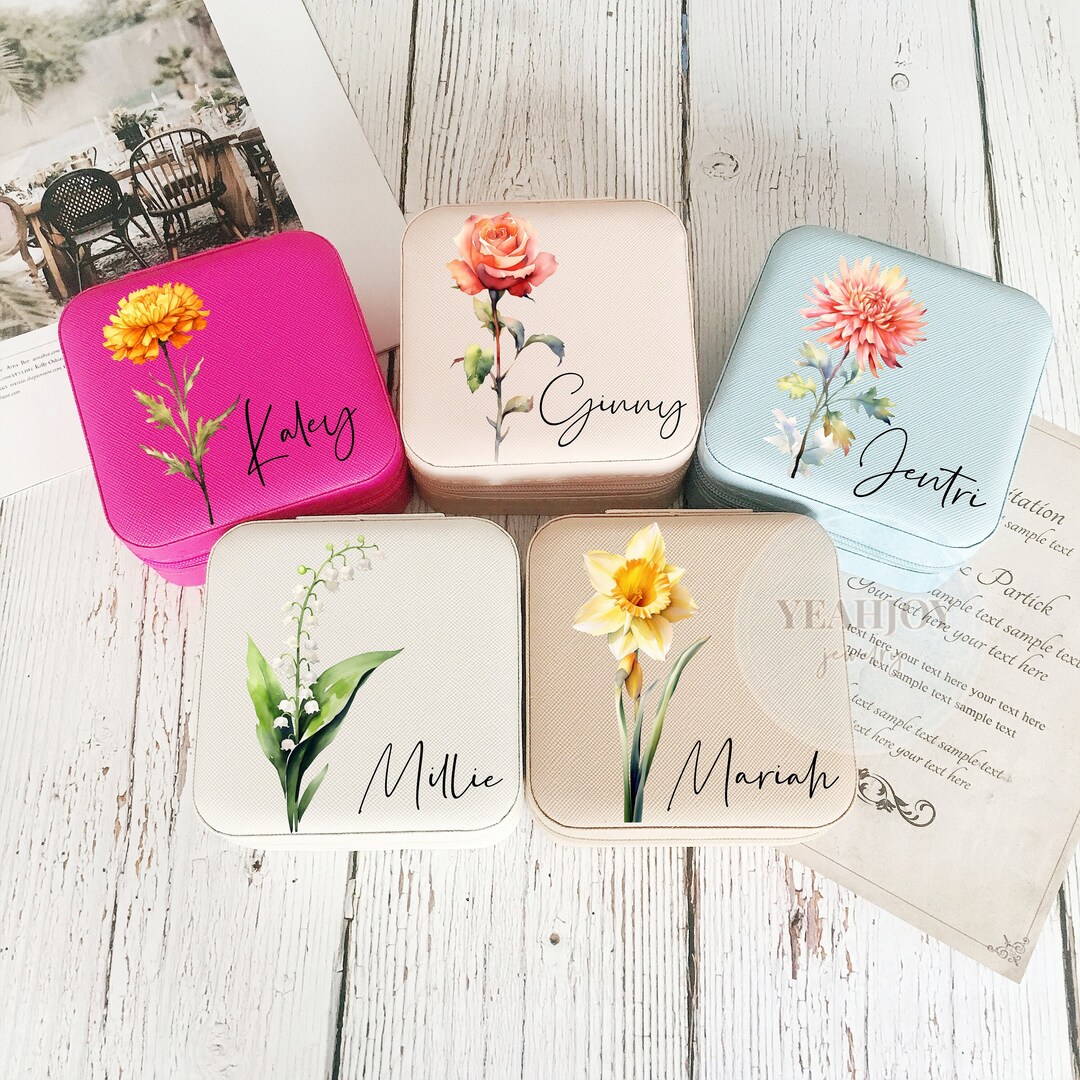 Engraved Birth Flower Jewellery Box, Travel Jewelry Box, Birthday Gift ...