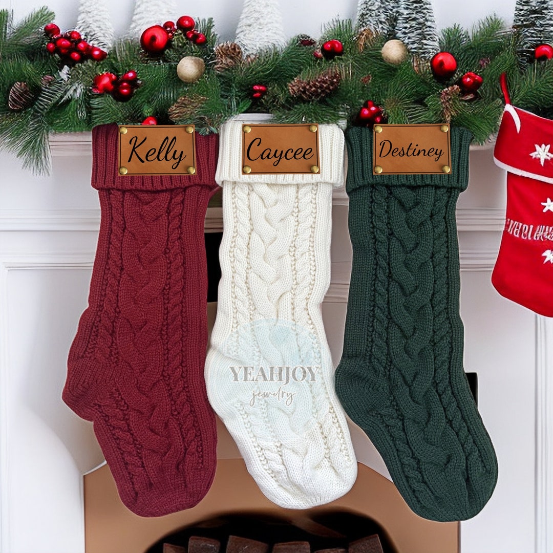 Family Christmas Stocking, Leather Patch Christmas Stockings, Knitted ...