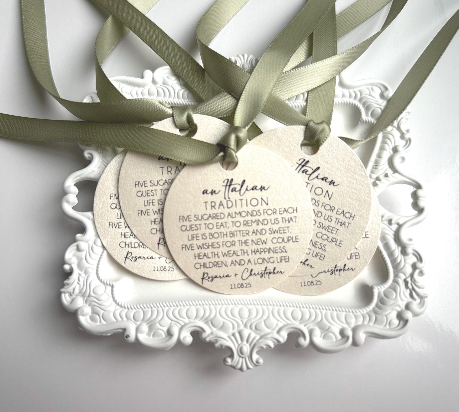 Jordan Almond Wedding Favor Tags With Sage Green Ribbon: Italian ...