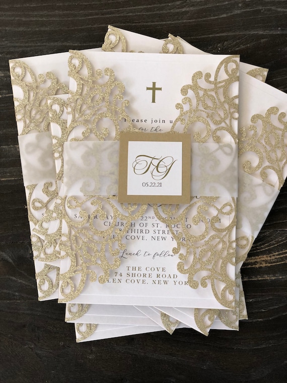 Gold Glitter First Communion Invitation Laser Cut Invite | Etsy