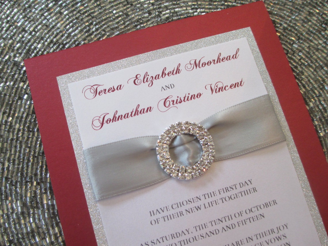 Red Wedding Invitation, Rhinestone Buckle, Silver Sparkles - Etsy
