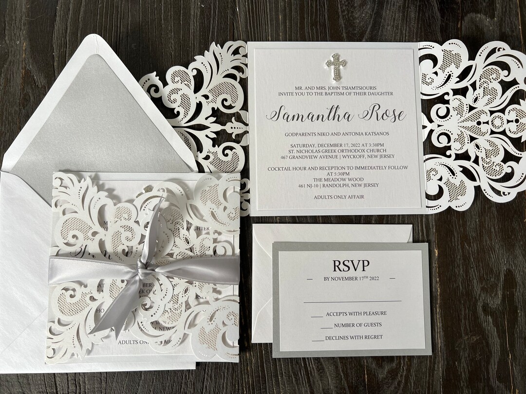 White Laser Cut Baptism Invitation First Communion White and Silver - Etsy