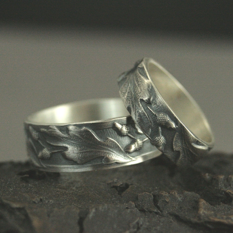 Oak Band Set Silver Wedding Bands His and Hers Rings Fall | Etsy