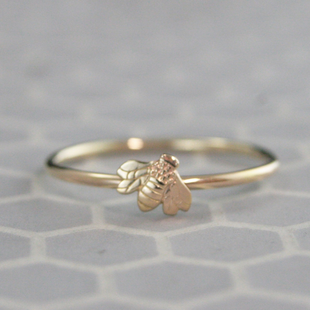 Solid Gold Bee Ring 14K Honey Bee Stacking Ring 1.25mm Full Round Band ...