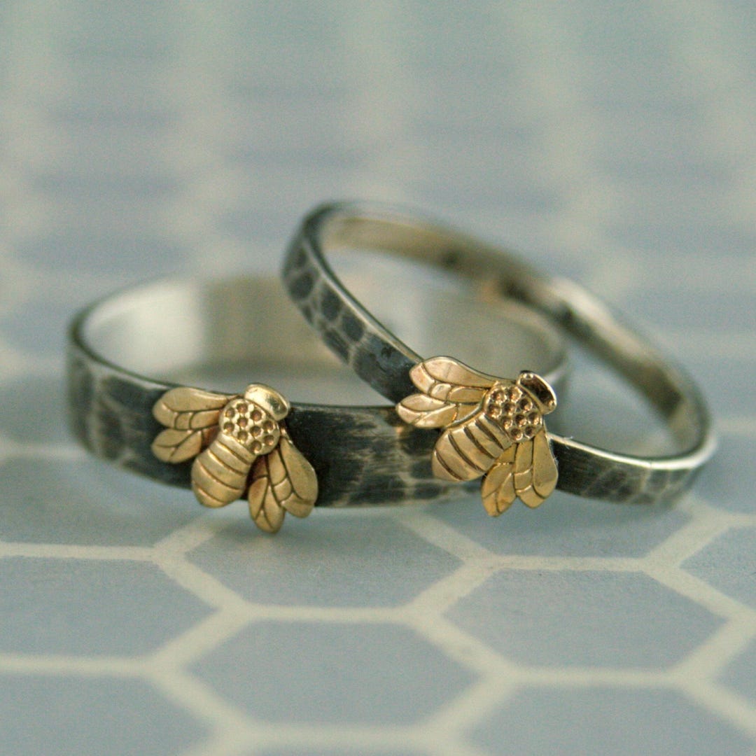Bee Ring Set 4mm and 2mm Hammered Bands With 14K Gold Bees Matching His ...