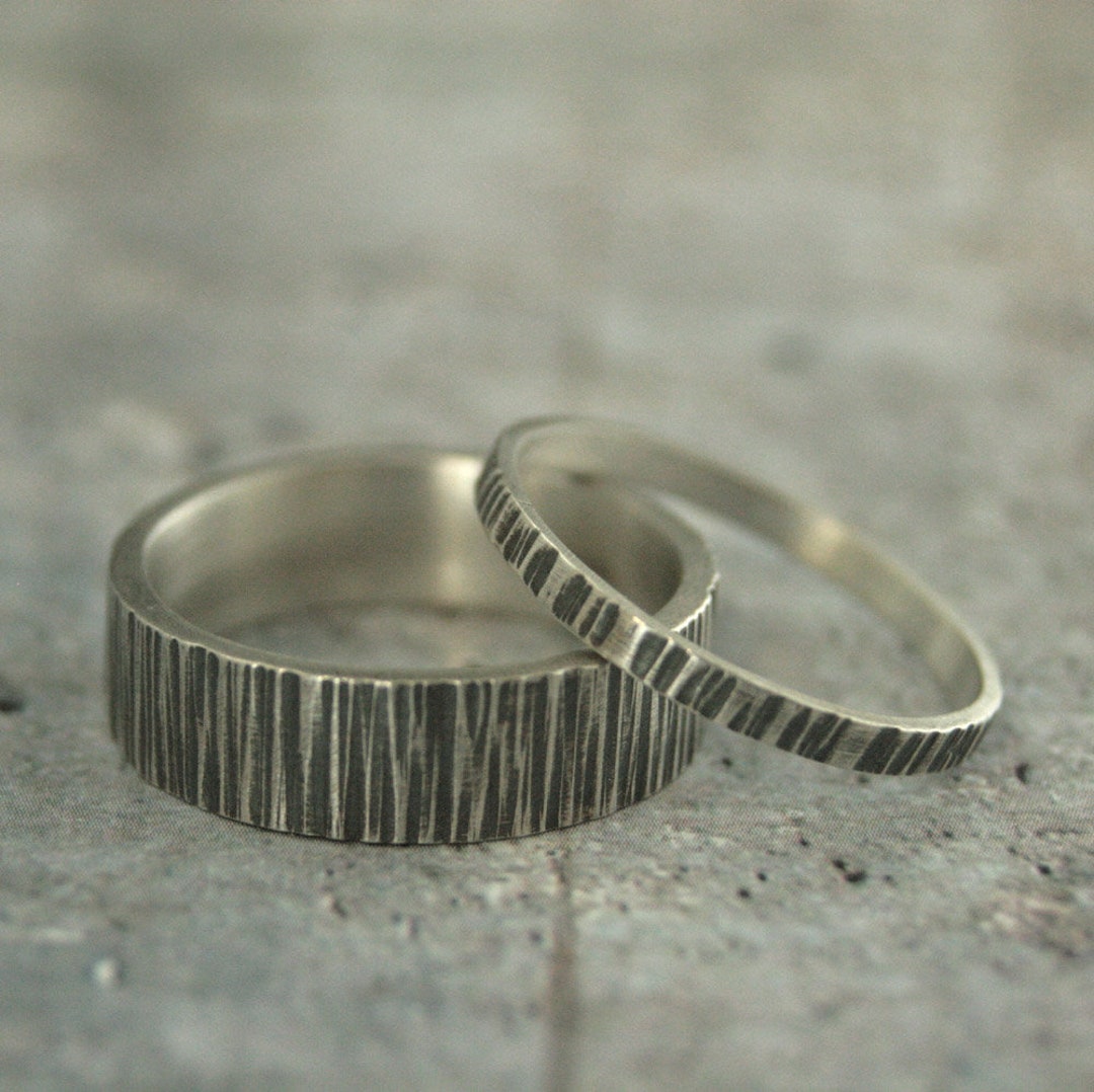 Bark Wedding Bands Hammered Bark Rings Silver Wedding Set His and Hers ...