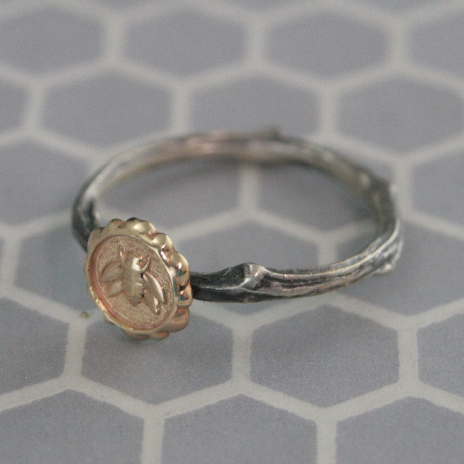 Honey Bee Seal Ring Twig Band With Solid 14K Gold Honeybee Signet Save ...