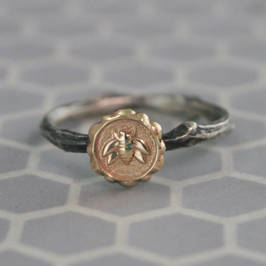 Honey Bee Seal Ring Twig Band With Solid 14K Gold Honeybee Signet Save ...