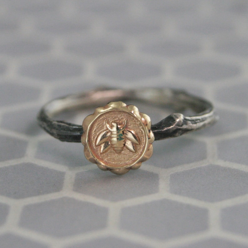 Honey Bee Seal Ring Twig Band With Solid 14K Gold Honeybee Signet Save ...
