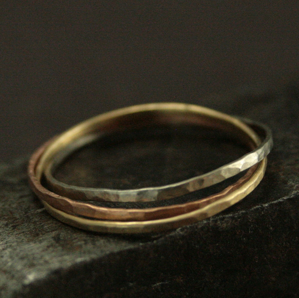 14K Gold Rolling Ring Thin Hammered Bands Tricolor Rolling Ring Thin ...