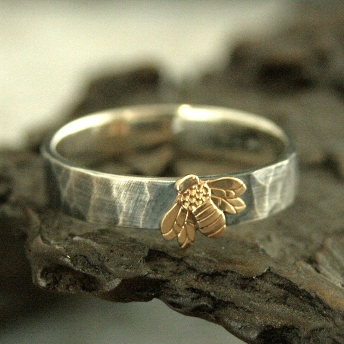 Honey Bee Ring Bumble Bee Ring Gold Bee Ring 4mm Hammered Silver Band ...