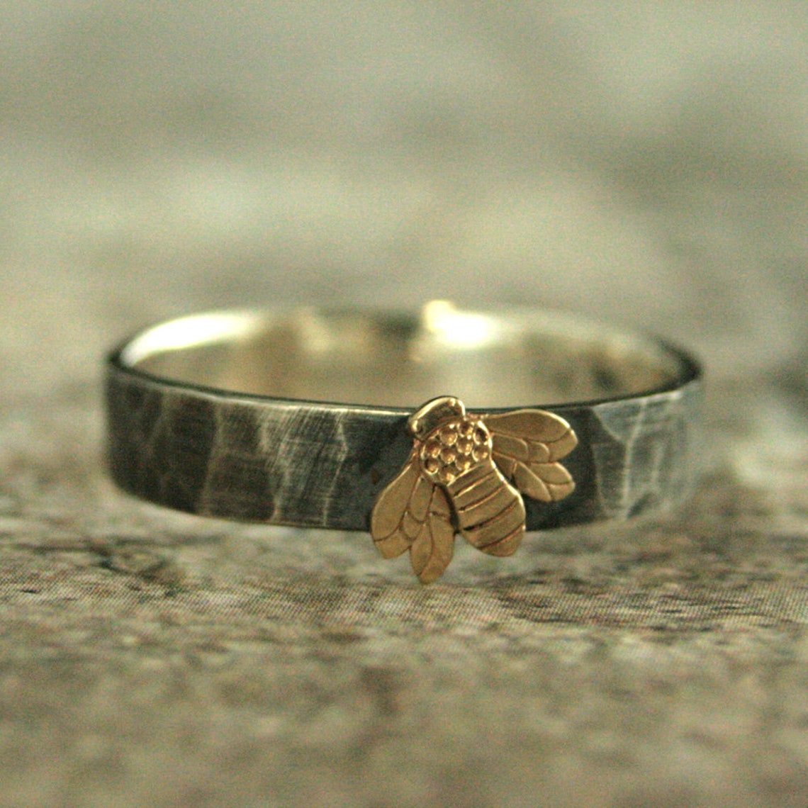 Honey Bee Ring Bumble Bee Ring Gold Bee Ring 4mm Hammered Silver Band ...