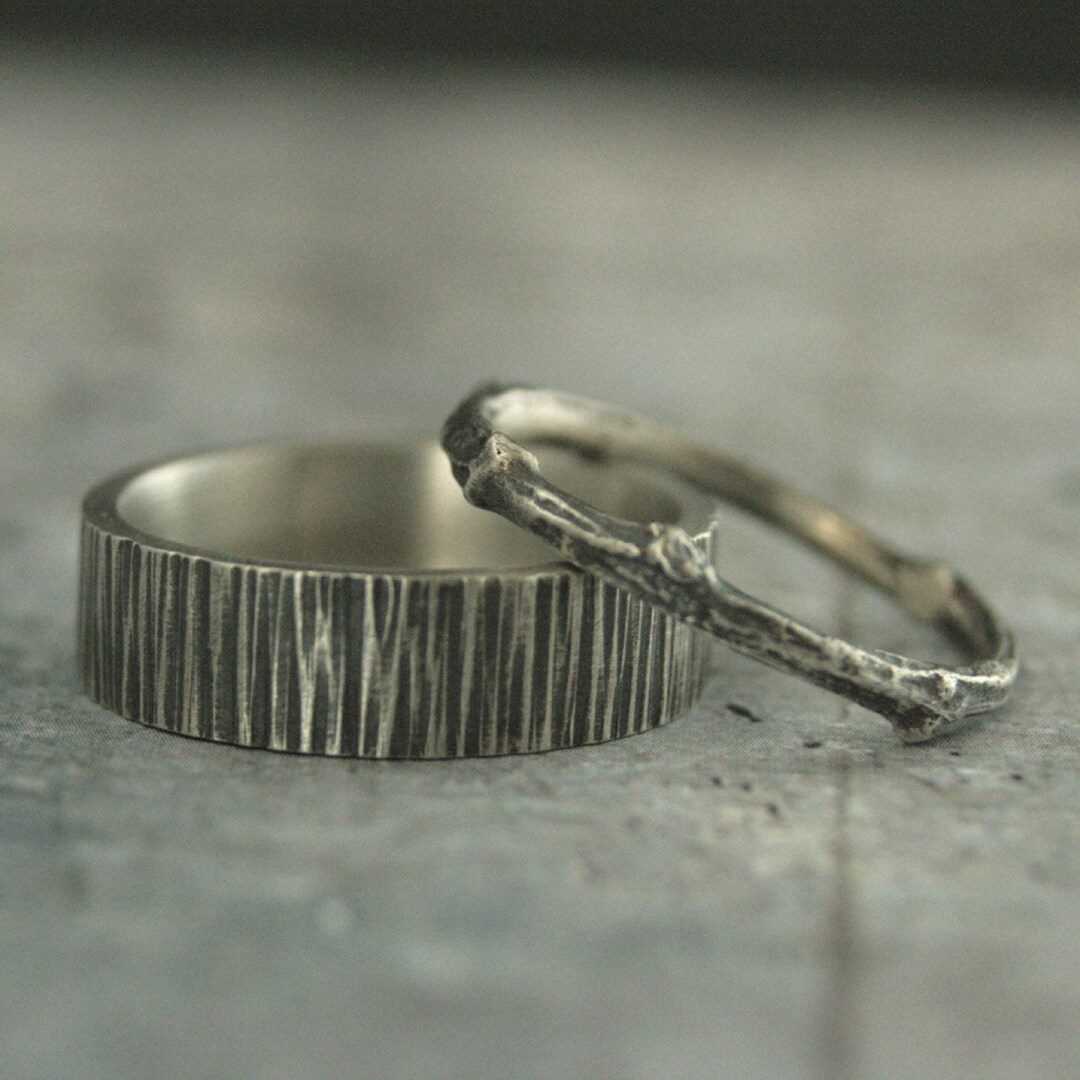 Bark Rings Hammered Bands REAL Cast Twig Ring Rustic Wedding Set His ...