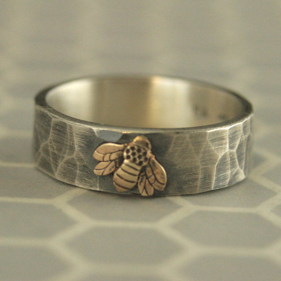 Bee Ring Honeybee Band for Him 14K Gold Bee on 6mm Silver Hammered Band ...