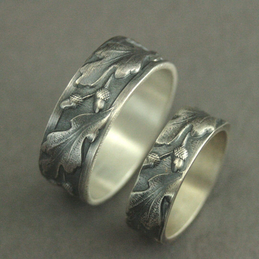 Oak Band Set Silver Wedding Bands His and Hers Rings Fall Acorn Rings ...