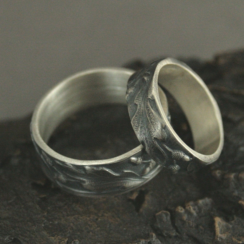 Oak Band Set Silver Wedding Bands His and Hers Rings Fall | Etsy
