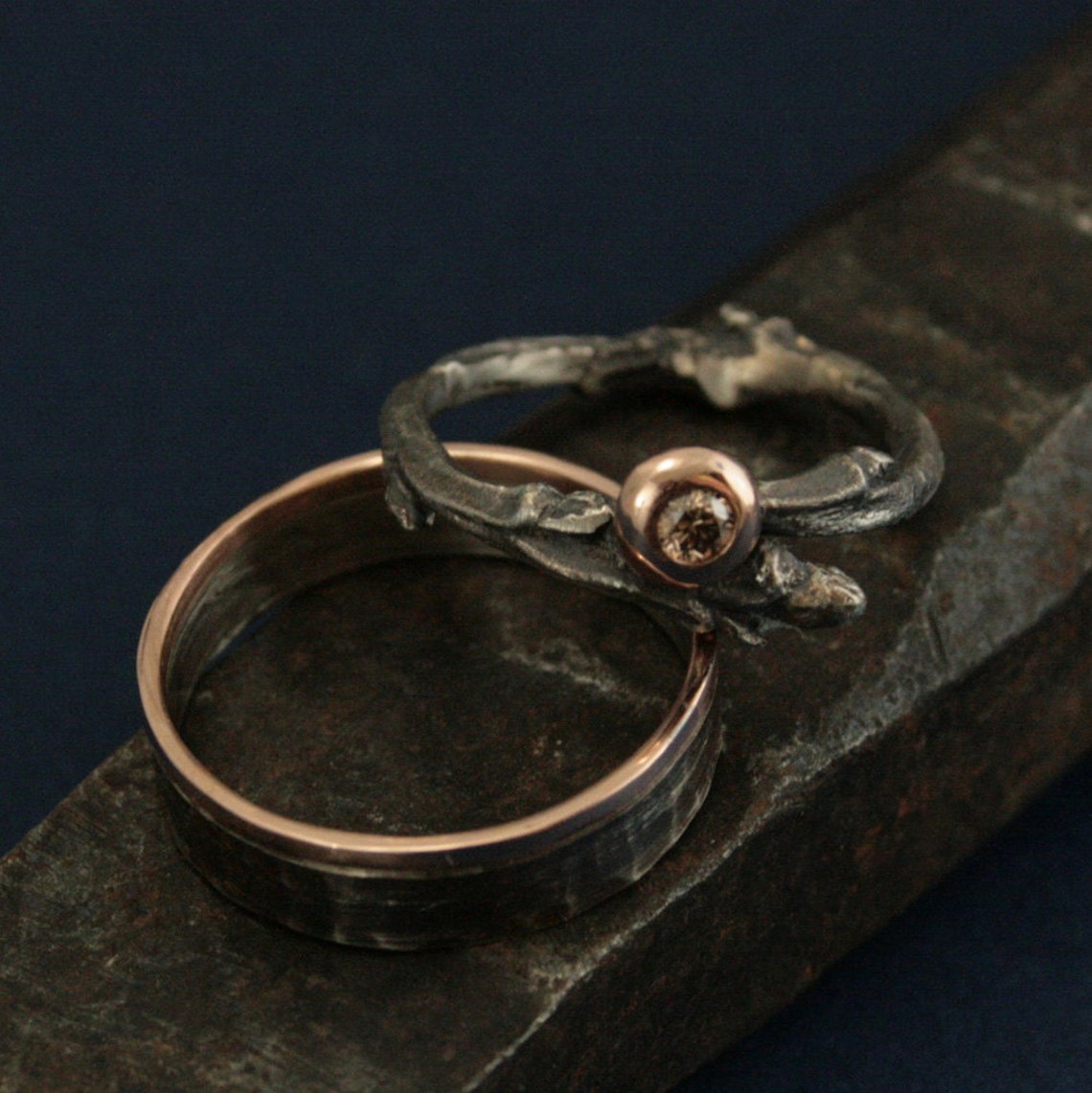 Rustic Woodland Wedding Set Twig Ring Set With Champagne Diamond in ...