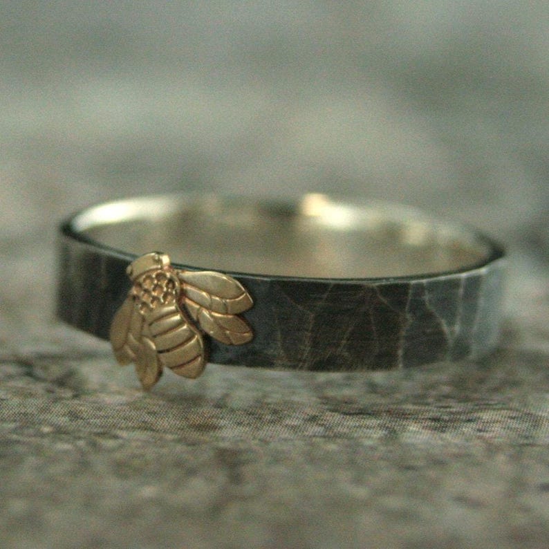 Bee Ring Set 4mm and 2mm Hammered Bands With 14K Gold Bees Matching His ...