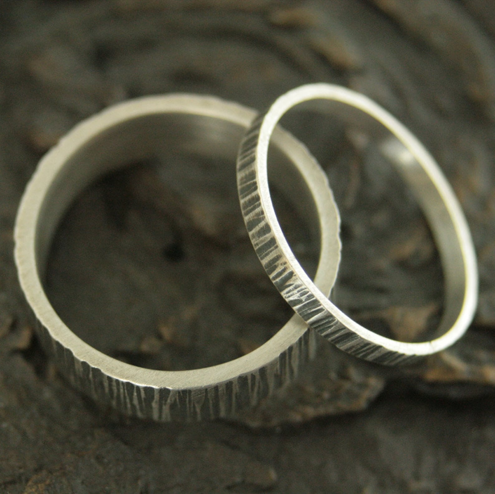 Bark Wedding Bands Hammered Bark Rings Silver Wedding Set His | Etsy