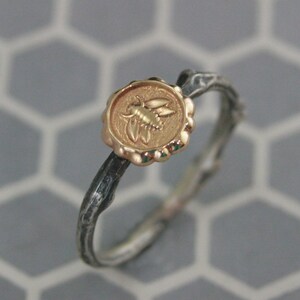 Honey Bee Seal Ring Twig Band With Solid 14K Gold Honeybee Signet Save ...