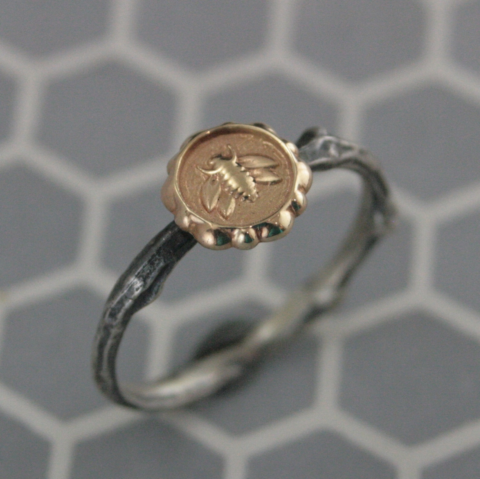 Honey Bee Seal Ring Twig Band With Solid 14K Gold Honeybee Signet Save ...