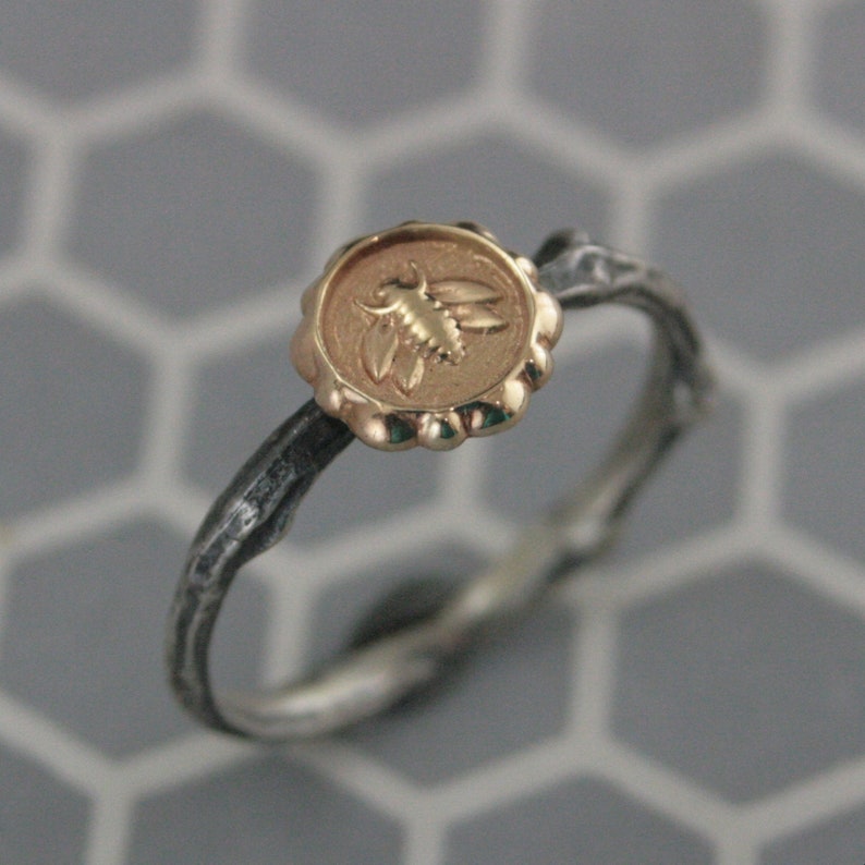 Honey Bee Seal Ring Twig Band With Solid 14K Gold Honeybee Signet Save ...