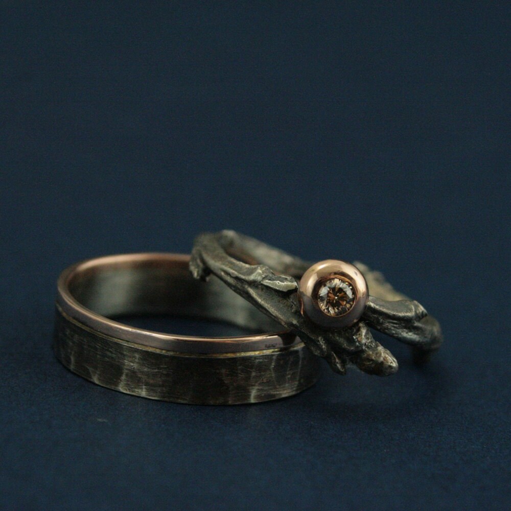 Rustic Woodland Wedding Set Twig Ring Set With Champagne Diamond in ...