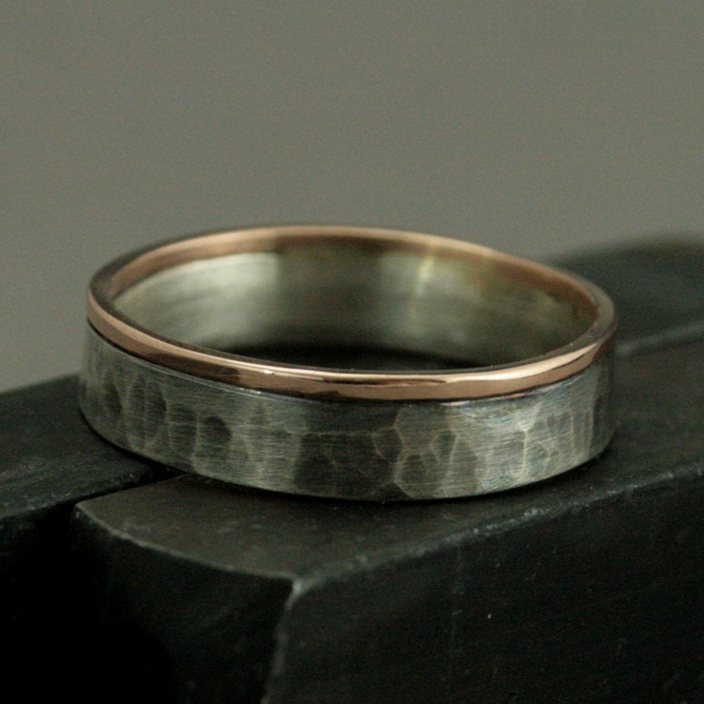 Two Tone Wedding Ring the Centurion Band 14K Rose Gold and Sterling Silver Ring Hammered Ring ...