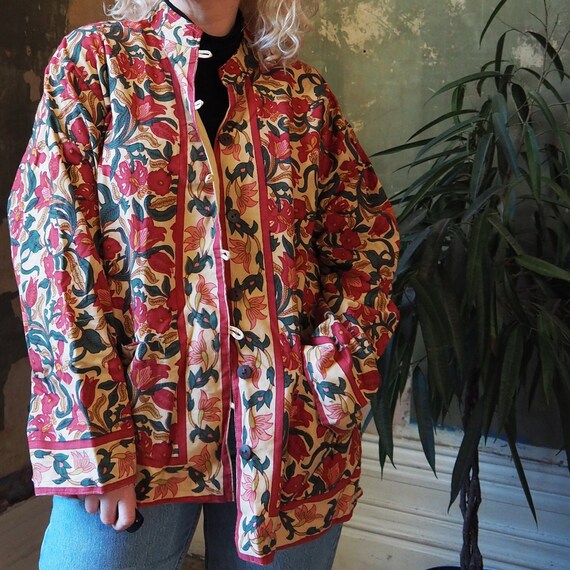 BLOCK PRINT JACKET - Vintage 1970s 1980s Reversible W… - Gem