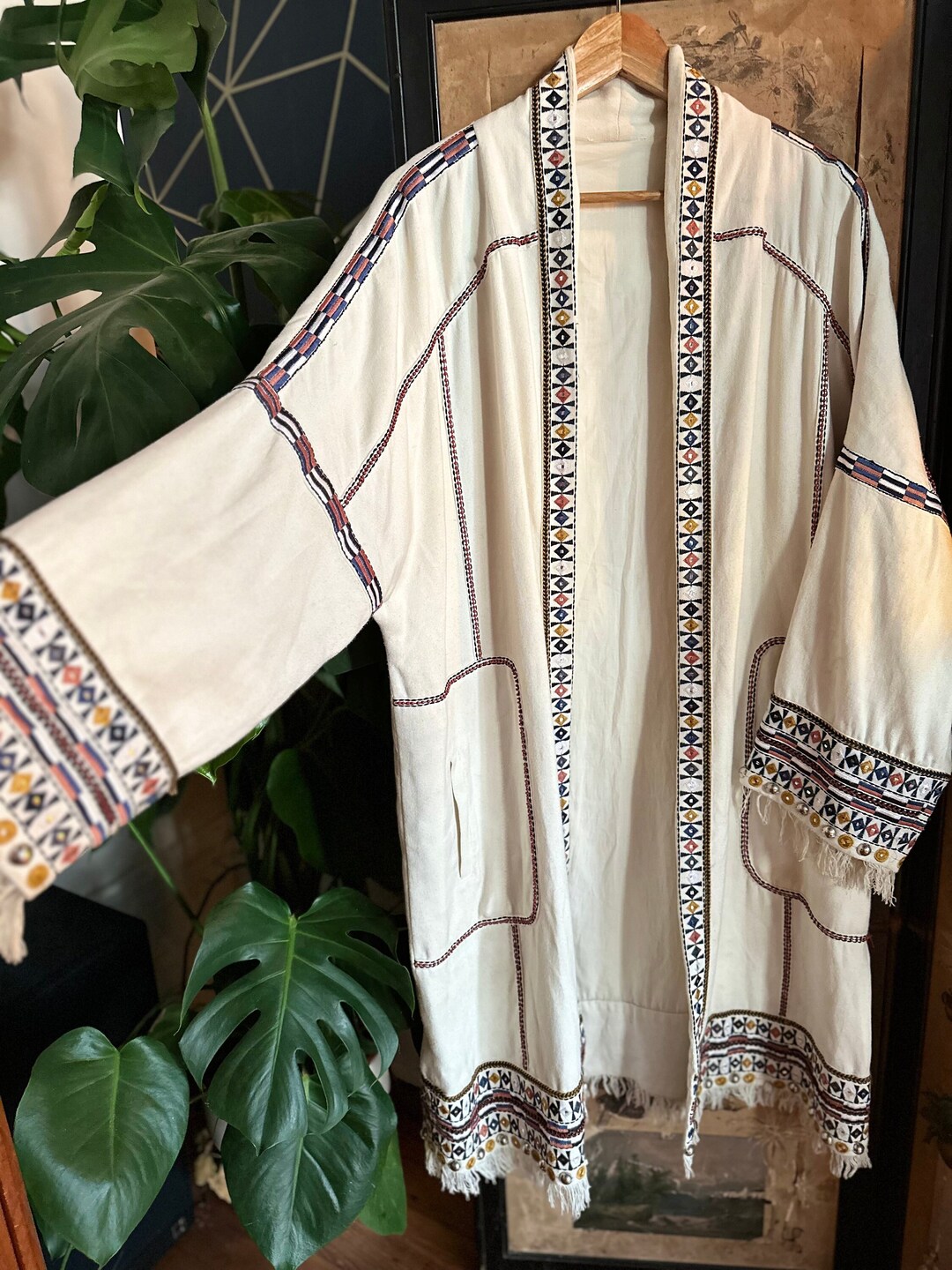 EMBROIDERED COTTON COAT Long Line Knee Length Embroidered Mirrored ...