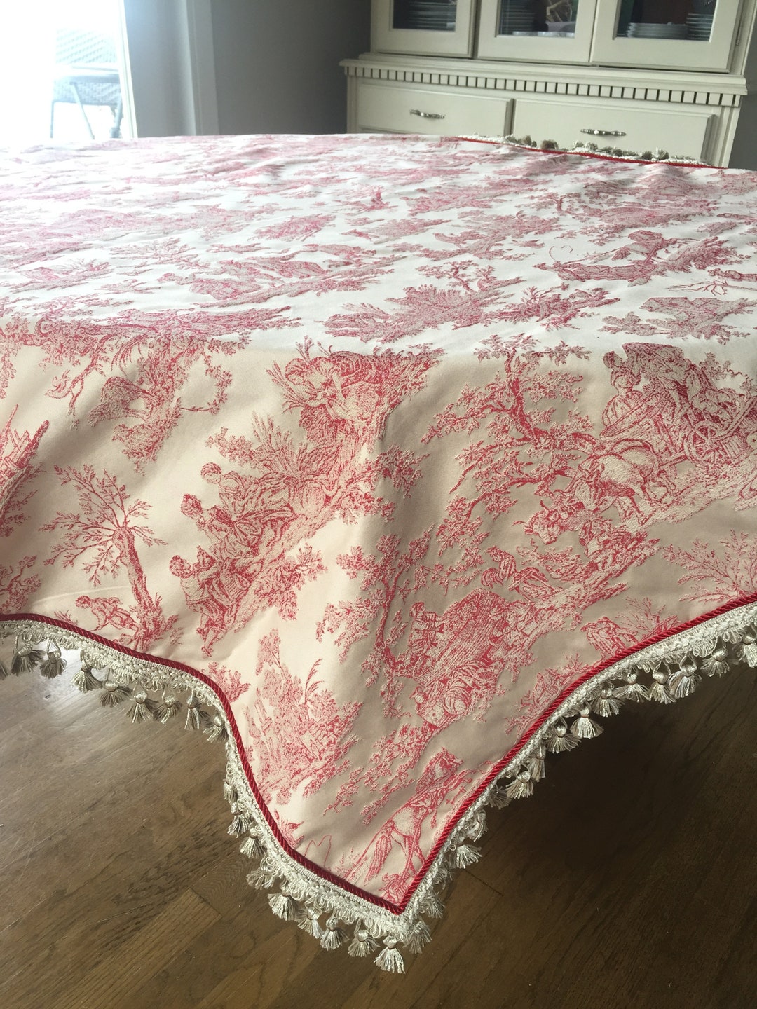 Pastoral Toile Table Cloth in Red 56"w X 56"h (approx.) Size Includes ...