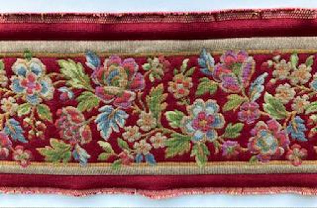 A Flora Tapestry Border Design in a Multi Tone on Burgundy Background ...