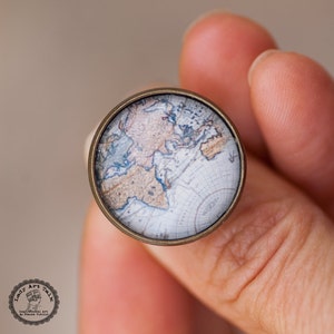 World Map Ring - Atlas Adjustable Ring - Globe Photo Glass Ring - Old ...