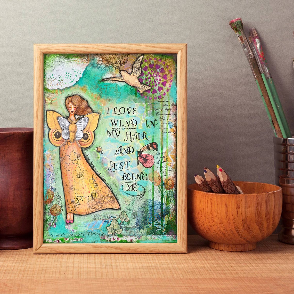 Wind Art Print - Just Be You - Green Wall Print - Mixed Media Collage ...