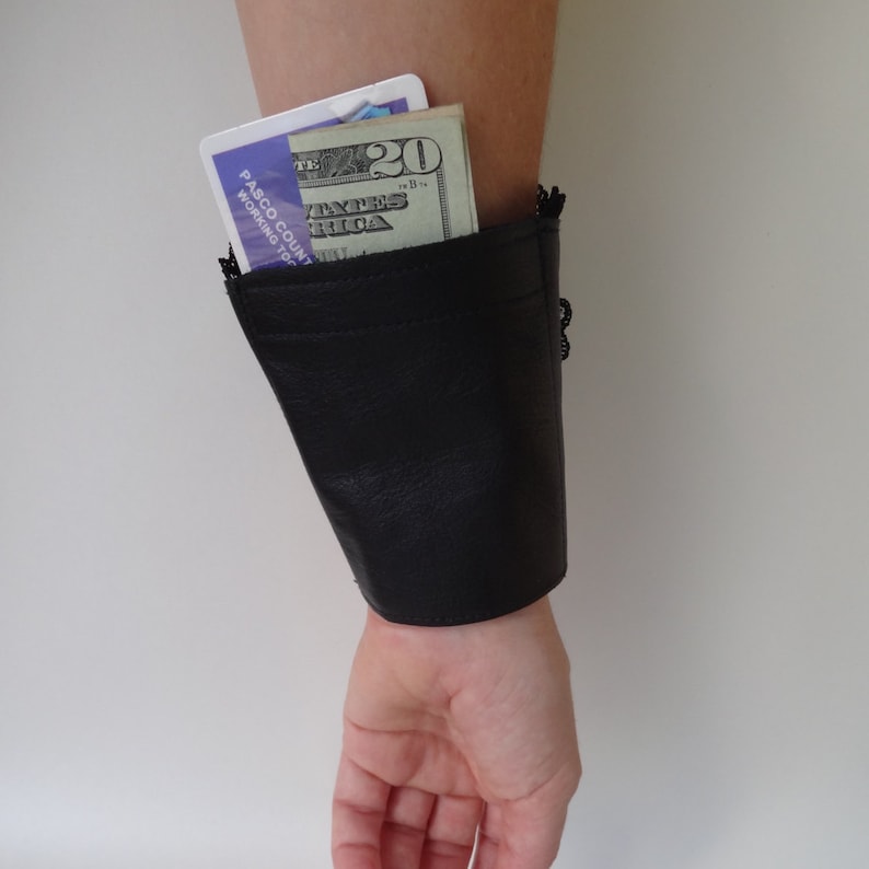 Black Leather Wrist Wallet Cuff with Secret Pocket Leather | Etsy